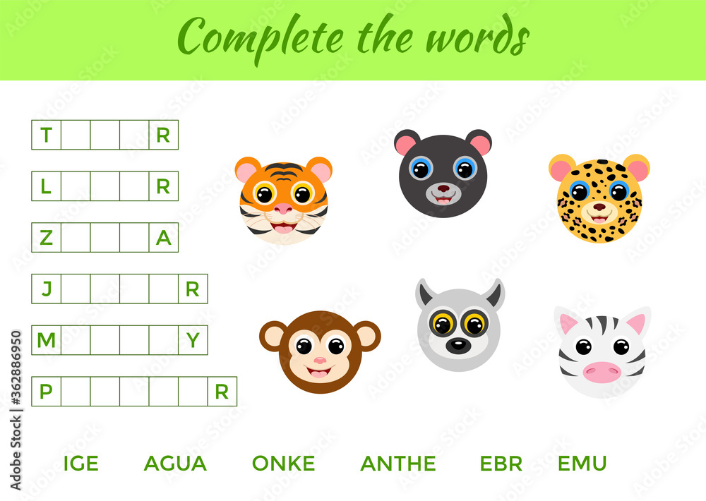 Matching educational game for children with cute animals. Write missing ...