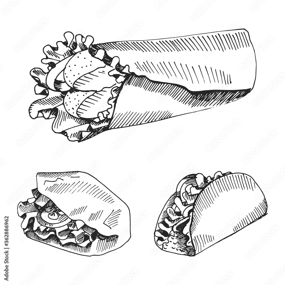 Hand drawn icons for food menu with pita hot dog, chicken kebeb and ...