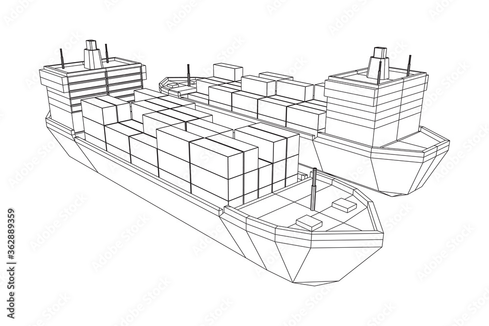 Heavy dry cargo ship of bulk carrier with freight containers. Wireframe ...