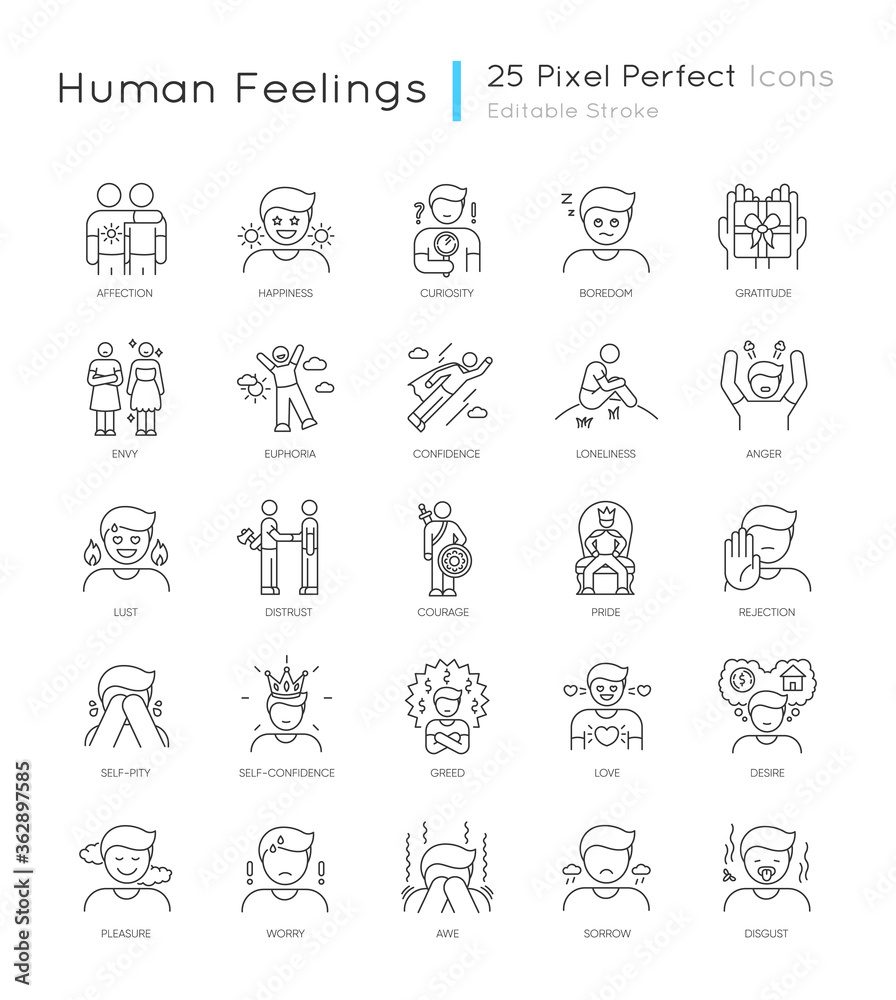 Human feelings pixel perfect linear icons set. Positive and negative ...