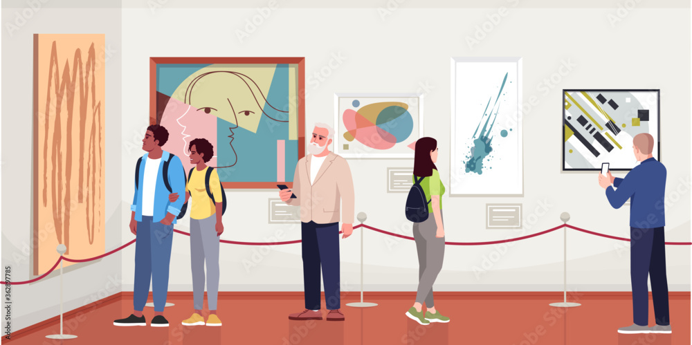 People in contemporary art gallery semi flat vector illustration ...