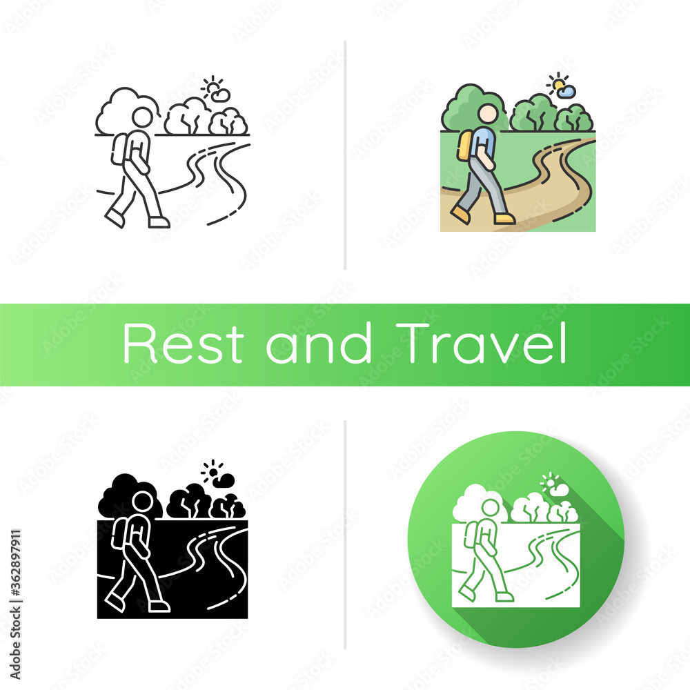 Hiking trail icon. Linear black and RGB color styles. Active outdoor ...