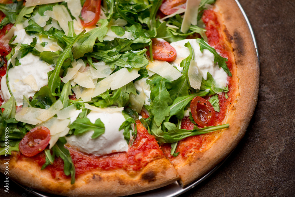 Pizza. Traditional New York City style margarita pizza pie with a thin ...