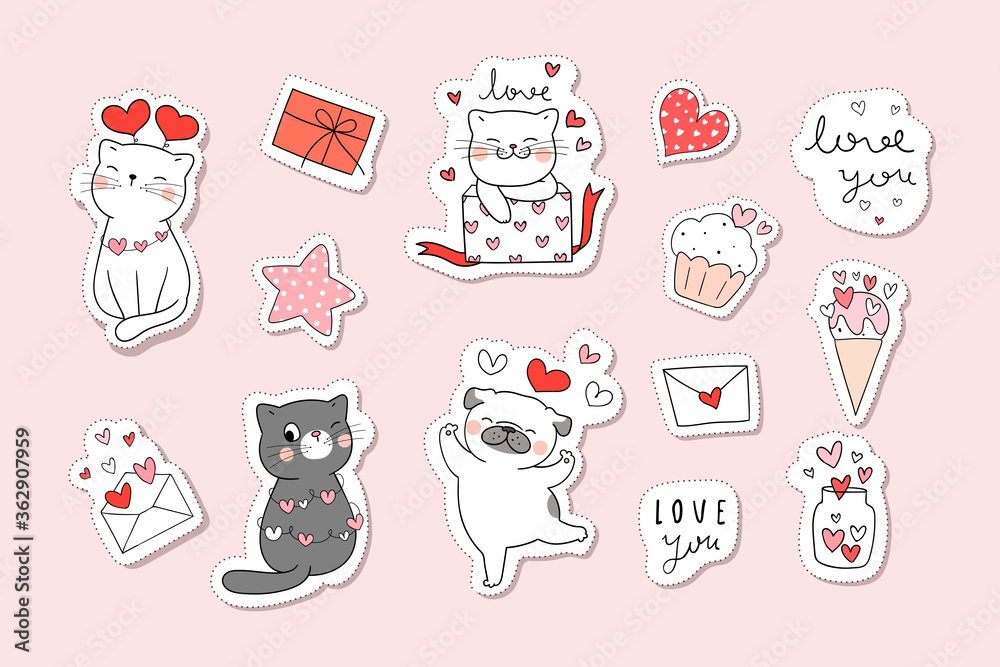 Draw collection stickers cat in valentine concept.Doodle cartoon style ...