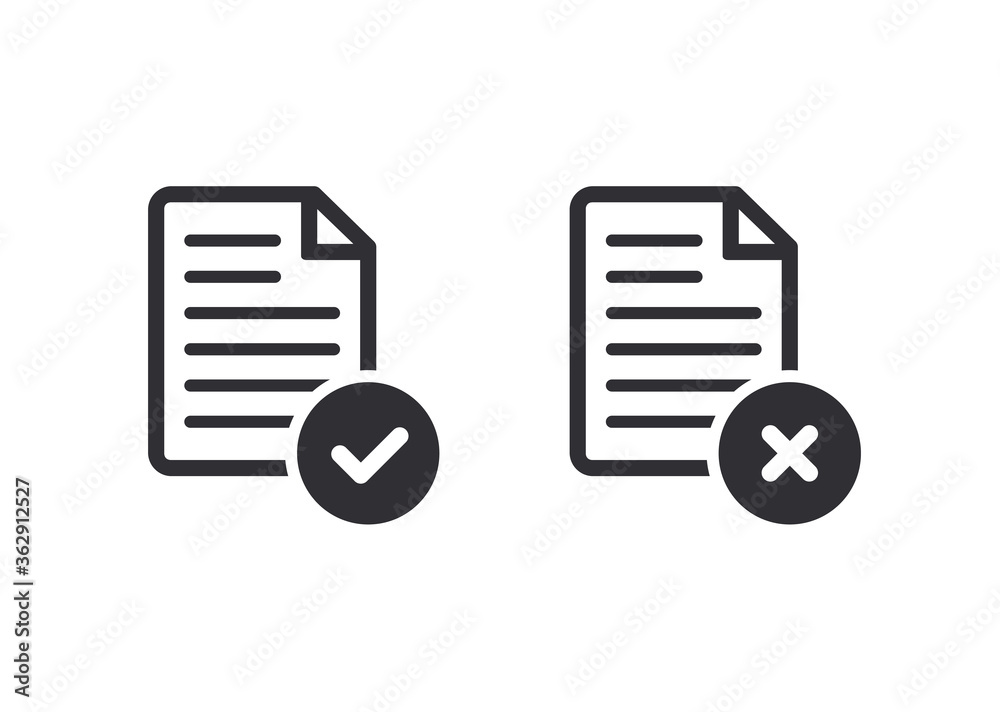 Document icon. Paper icon. Check mark. cross signs. Checkmark OK and X ...