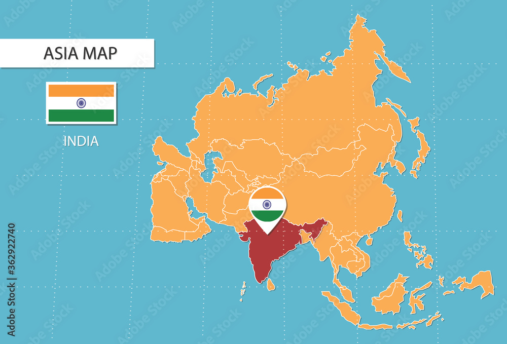 India map in Asia, icons showing India location and flags. Stock Vector ...