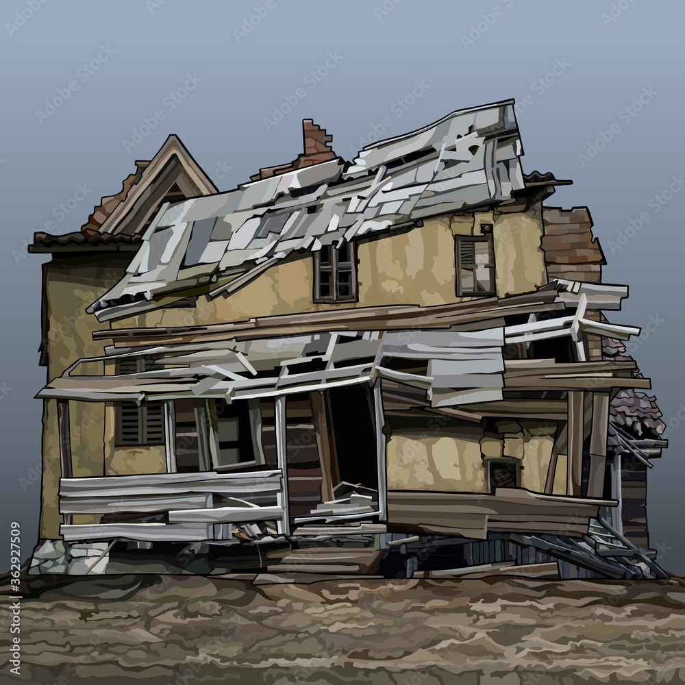 cartoon old sprawled two story house stands on the ground Stock Vector ...