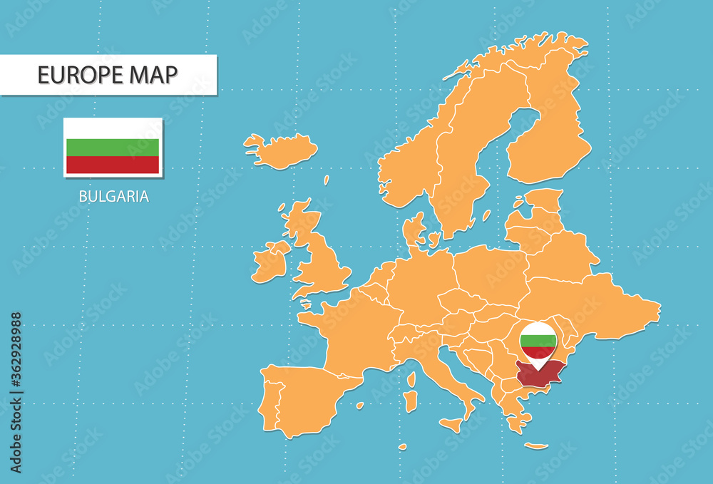 Bulgaria map in Europe, icons showing Bulgaria location and flags ...