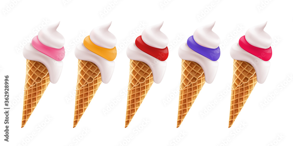 Set Of Ice Cream With Fruit Topping In Wafer Cone Icons 3d Vector
