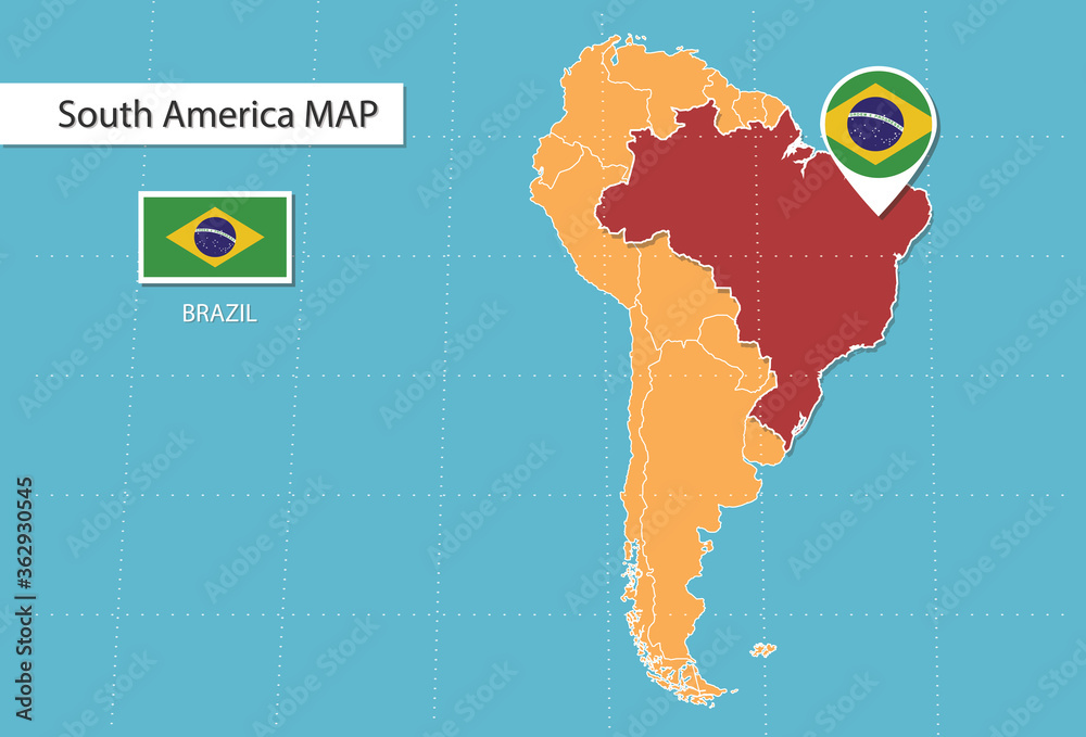 Brazil map in South America, icons showing Brazil location and flags ...