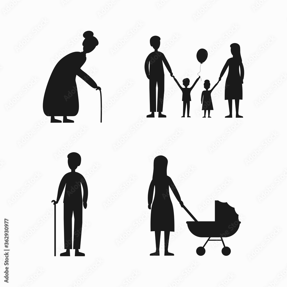 parents with children. family icon set. grandfather, granny, old man ...
