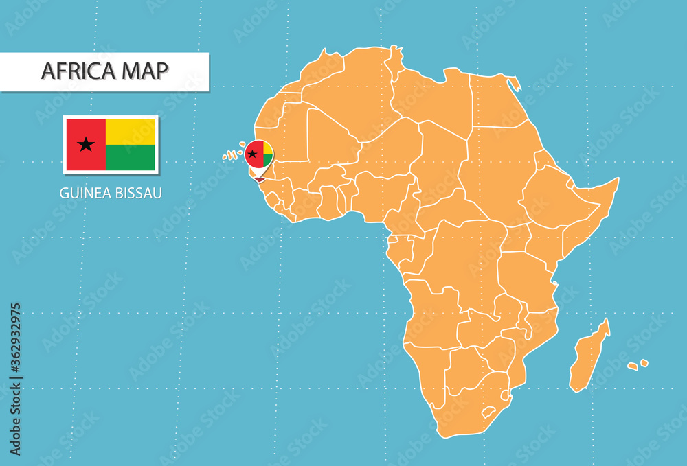 Guinea Bissau map in Africa, icons showing Mauritius location and flags ...