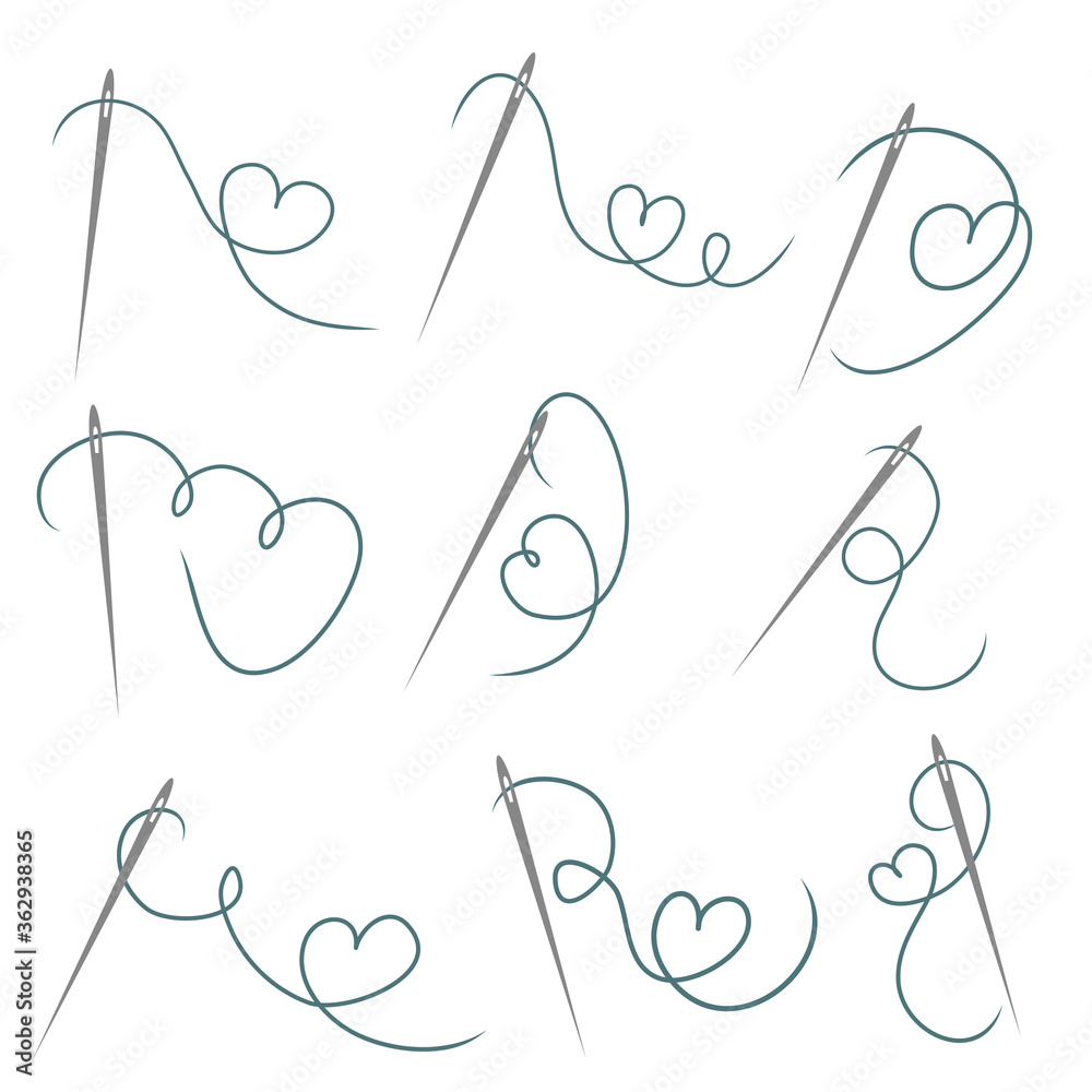 Heart with a needle thread icon for design on white, set of different ...