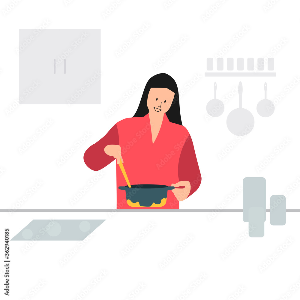 Mujer feliz cocinando comida. Ilustración vector estilo plano dibujos ...