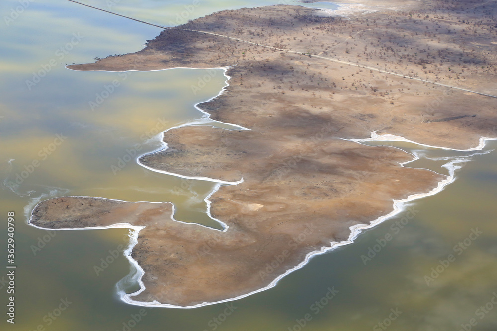 Aerial view of Lake Magadi in the Great Rift Valley of Kenya. Lake ...