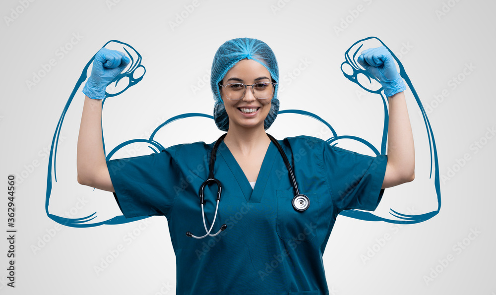 confident nurse or doctor flexing her muscles with sketched strong and ...