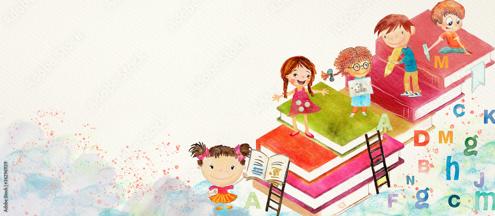 Watercolor school background with children, education concept Stock ...
