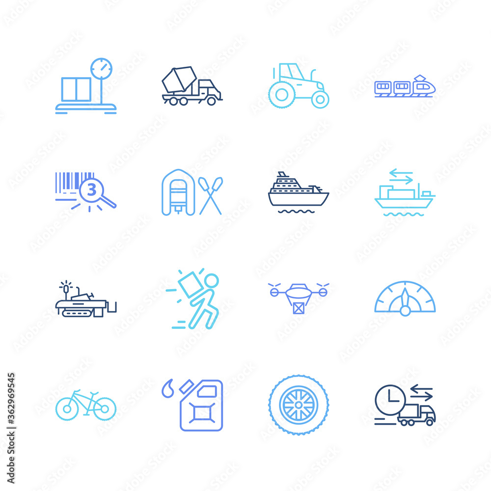 Cargo icon set and tyres with asphalt paver, ship by sea and porter ...