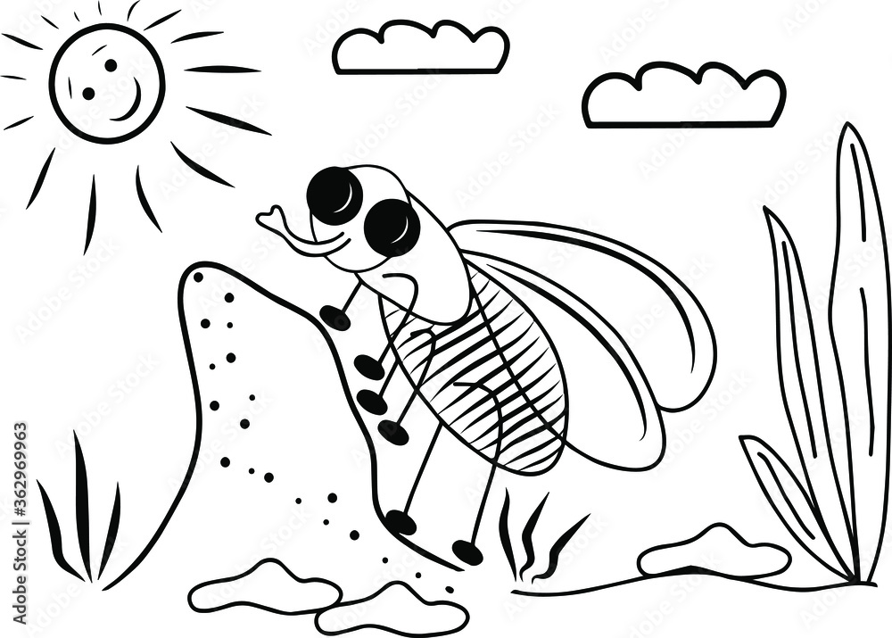 A fly in the nature, colouring page, hand drawing, vector, illustration ...