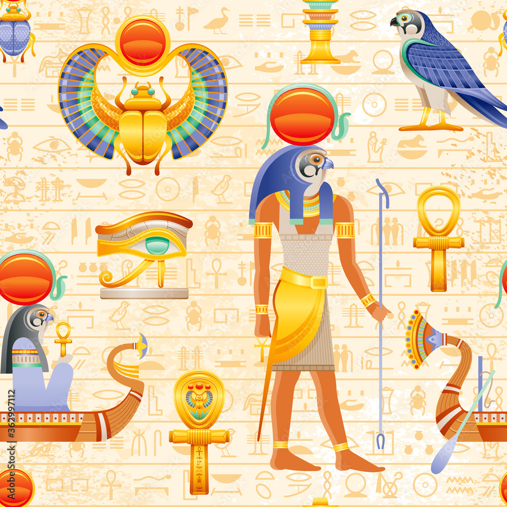 Egyptian vector seamless papyrus pattern. Ra Falcon Sun God and pharaoh ...