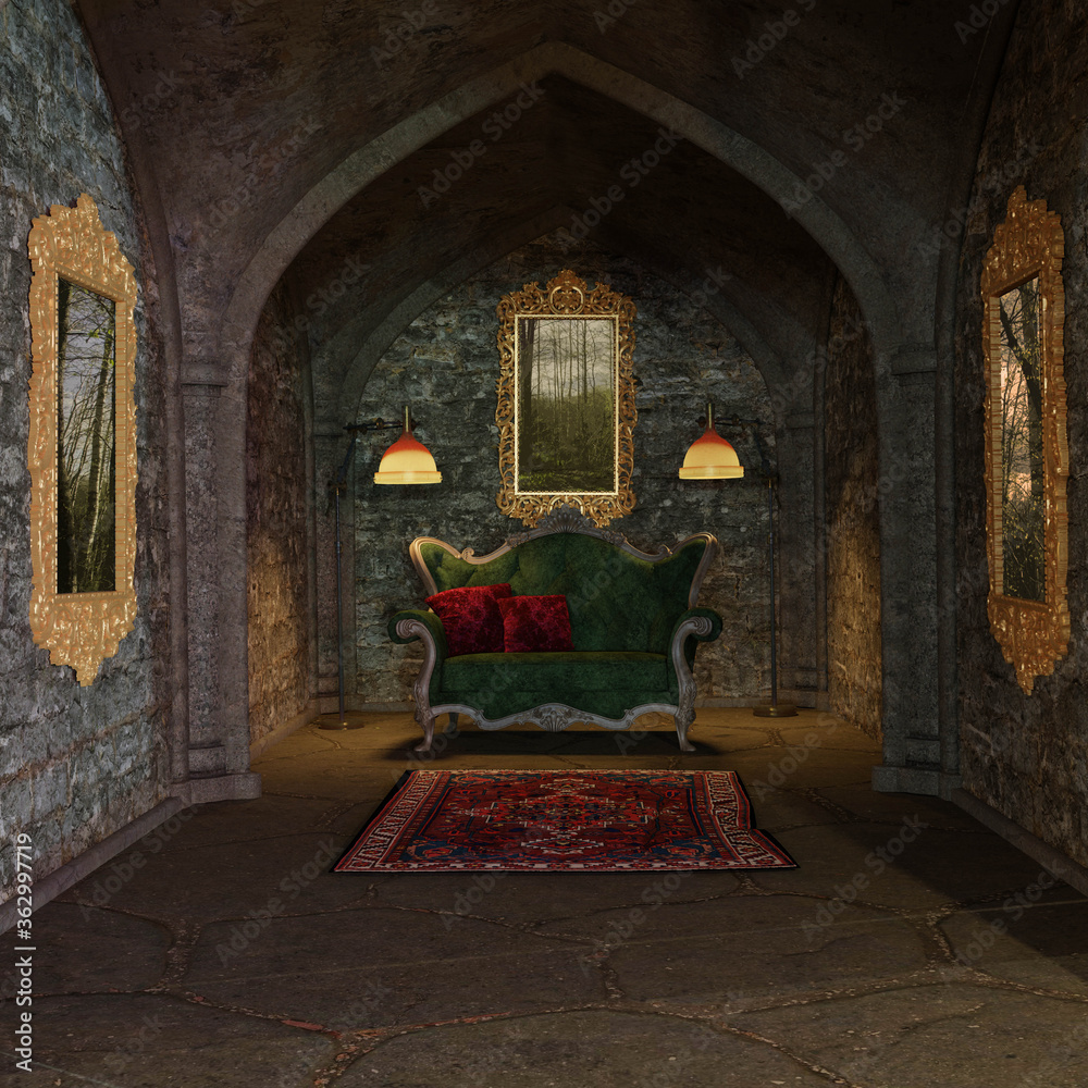 An interior from a castle with a classic sofa and paintings with golden ...