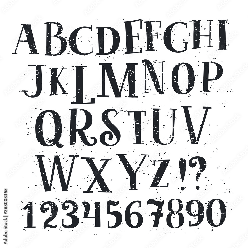 Alphabet and numbers set. Handwriting black letters and signs in ...
