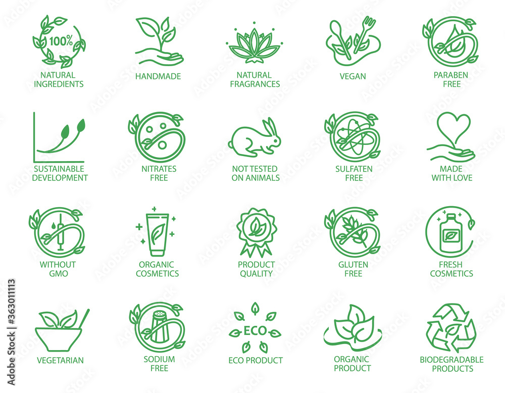 Collection of linear icons or badges for eco friendly products, organic ...