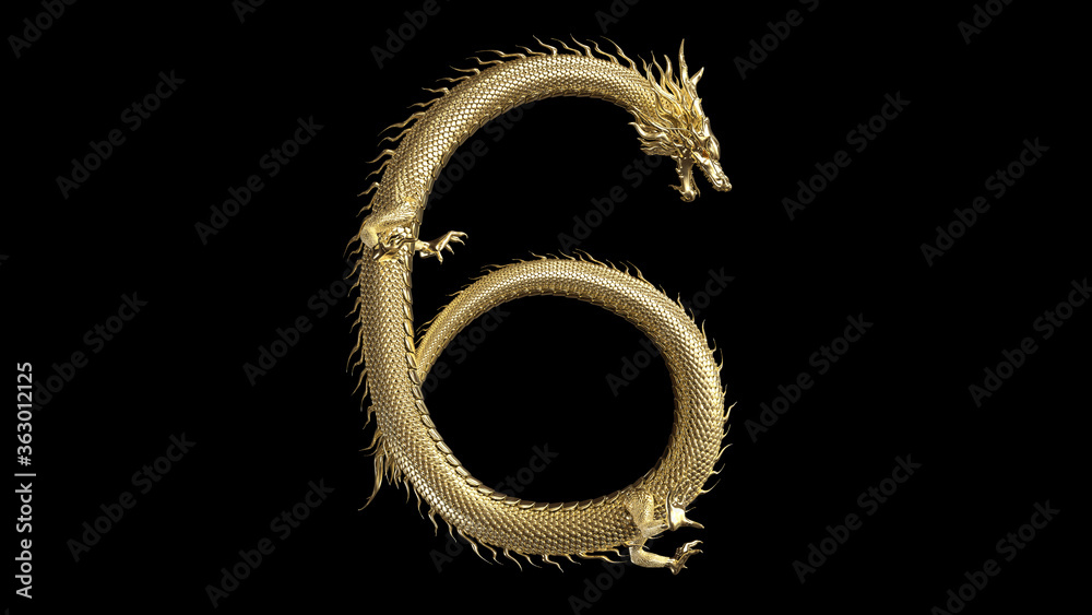 3D Chinese Dragon pose in shape letter number six with 3d rendering,The ...