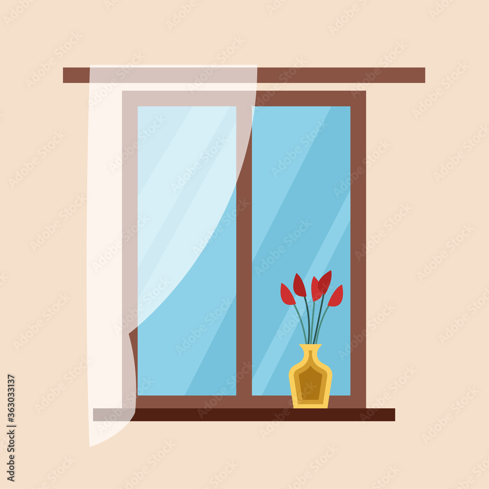 Window with flowers. Vector flat window with curtain, vaze of flowers ...