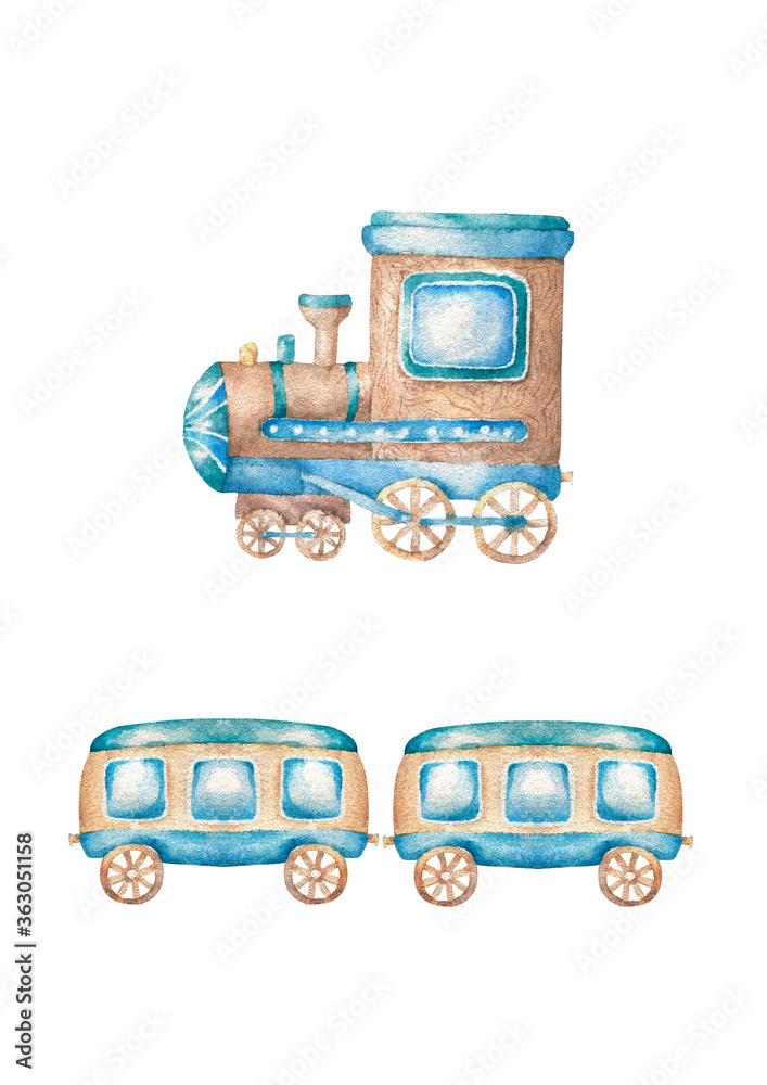 Cartoon toy train hand drawn watercolor isolated illustration on white ...