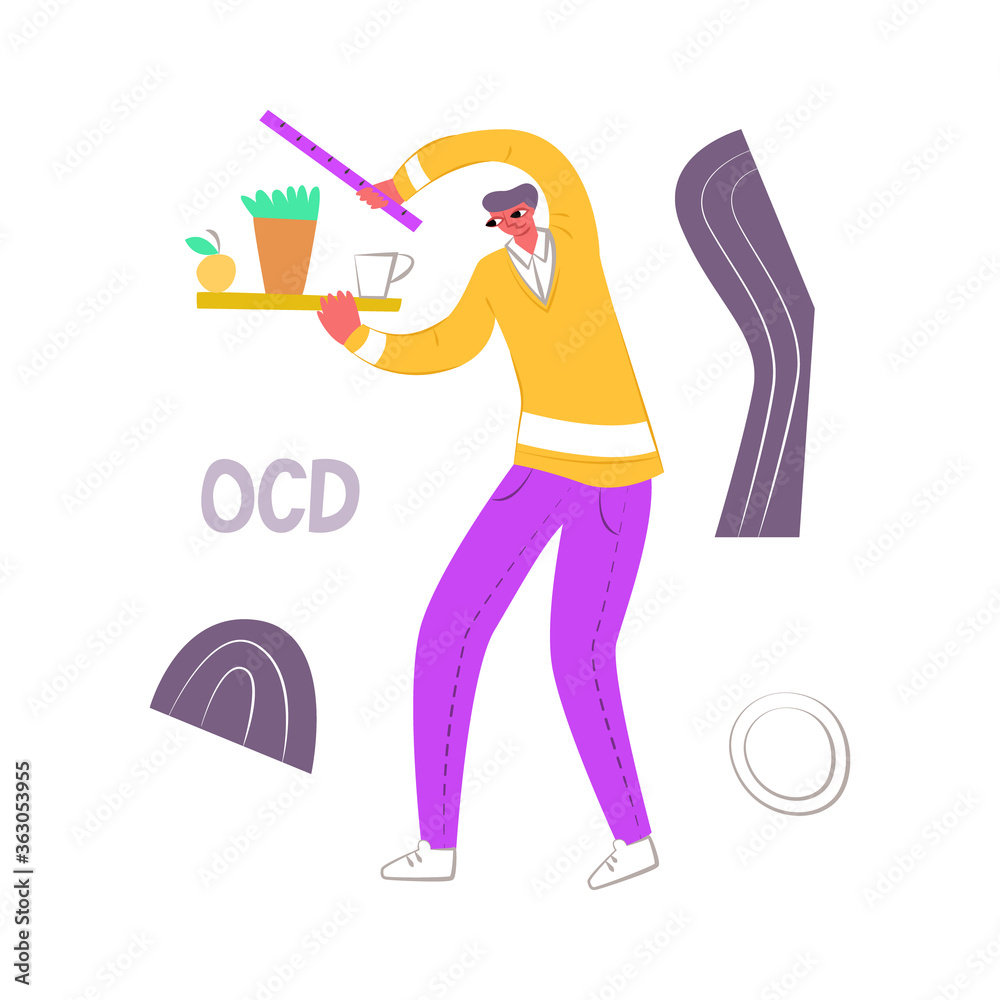 Vector young man who measures distance between objects on shelf and ...