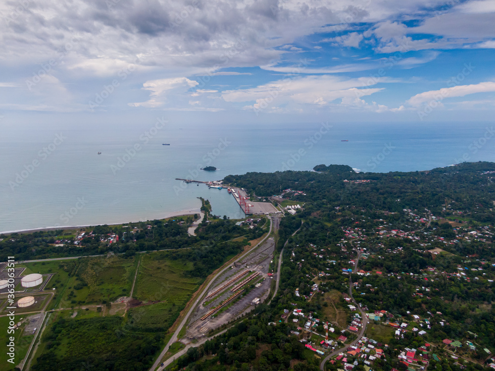 Beautiful aerial view of Limon downtown and its pier bay of Moin, APM ...