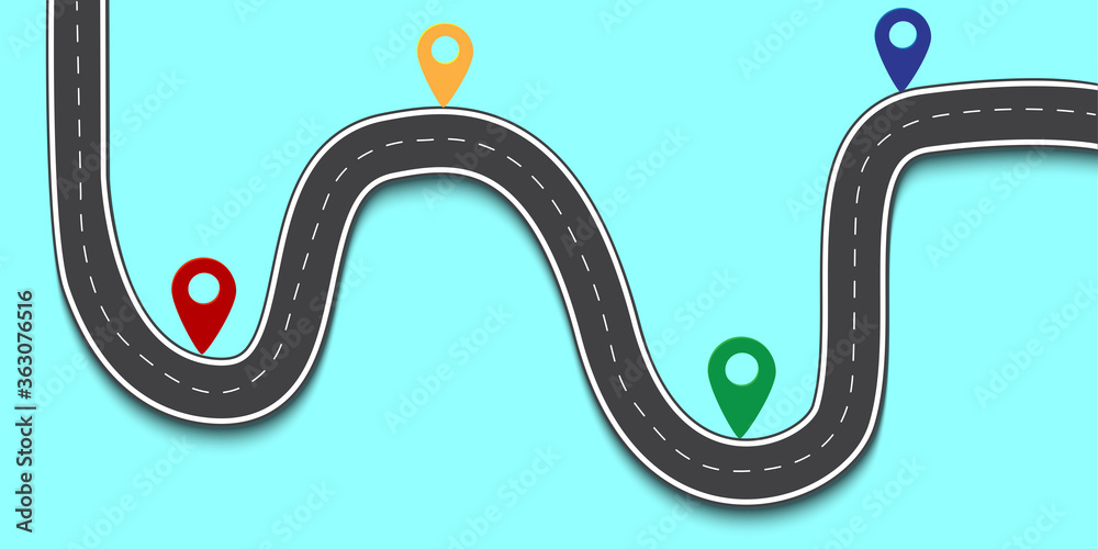 Road map with milestones. The road with pins. The winding path ...