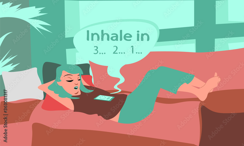White girl takes breathing exercises with self care application while ...