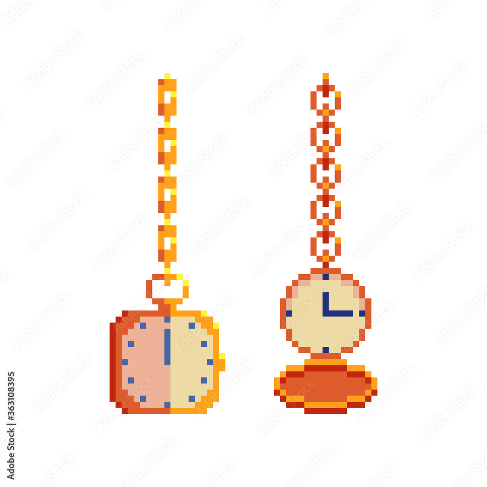 Gold pocket watches icons set pixel art clocks and watches isolated ...