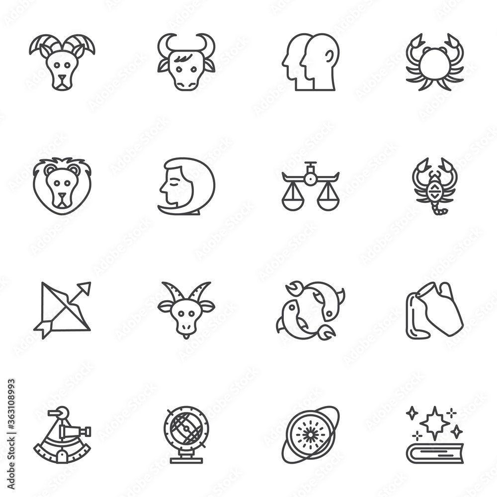 Astrology signs line icons set, Zodiac horoscope outline vector symbol ...