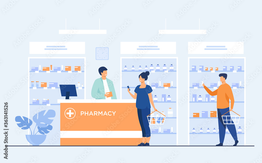 Pharmacy or medical shop concept. People buying medication in drugstore ...