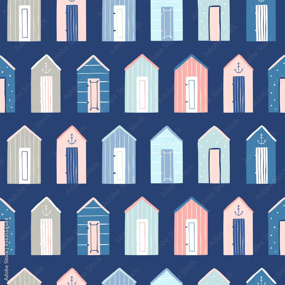 Seamless pattern with beach houses. Cute beach vector background ...