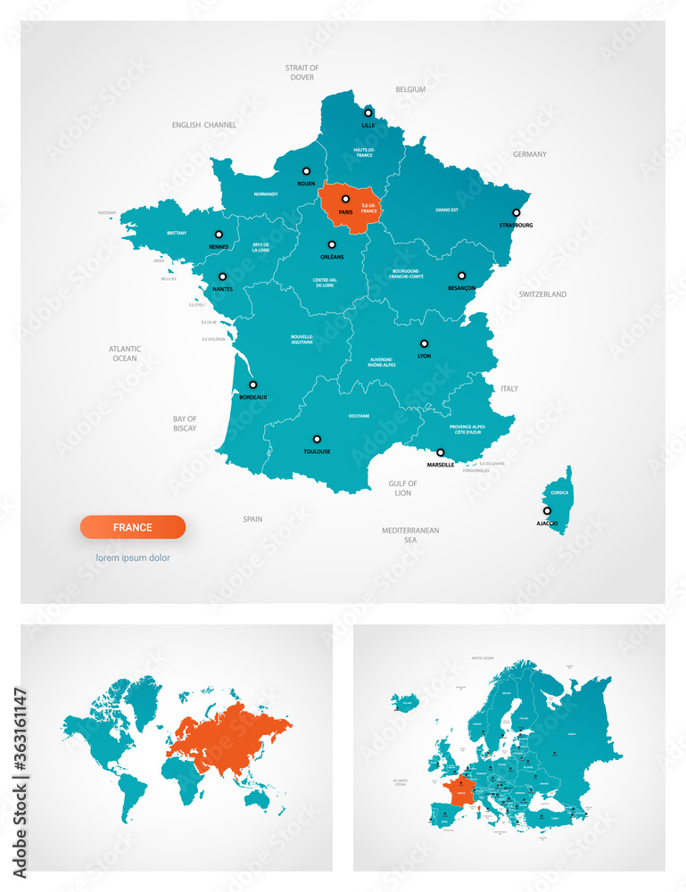 Editable template of map of France with marks. France on world map and ...