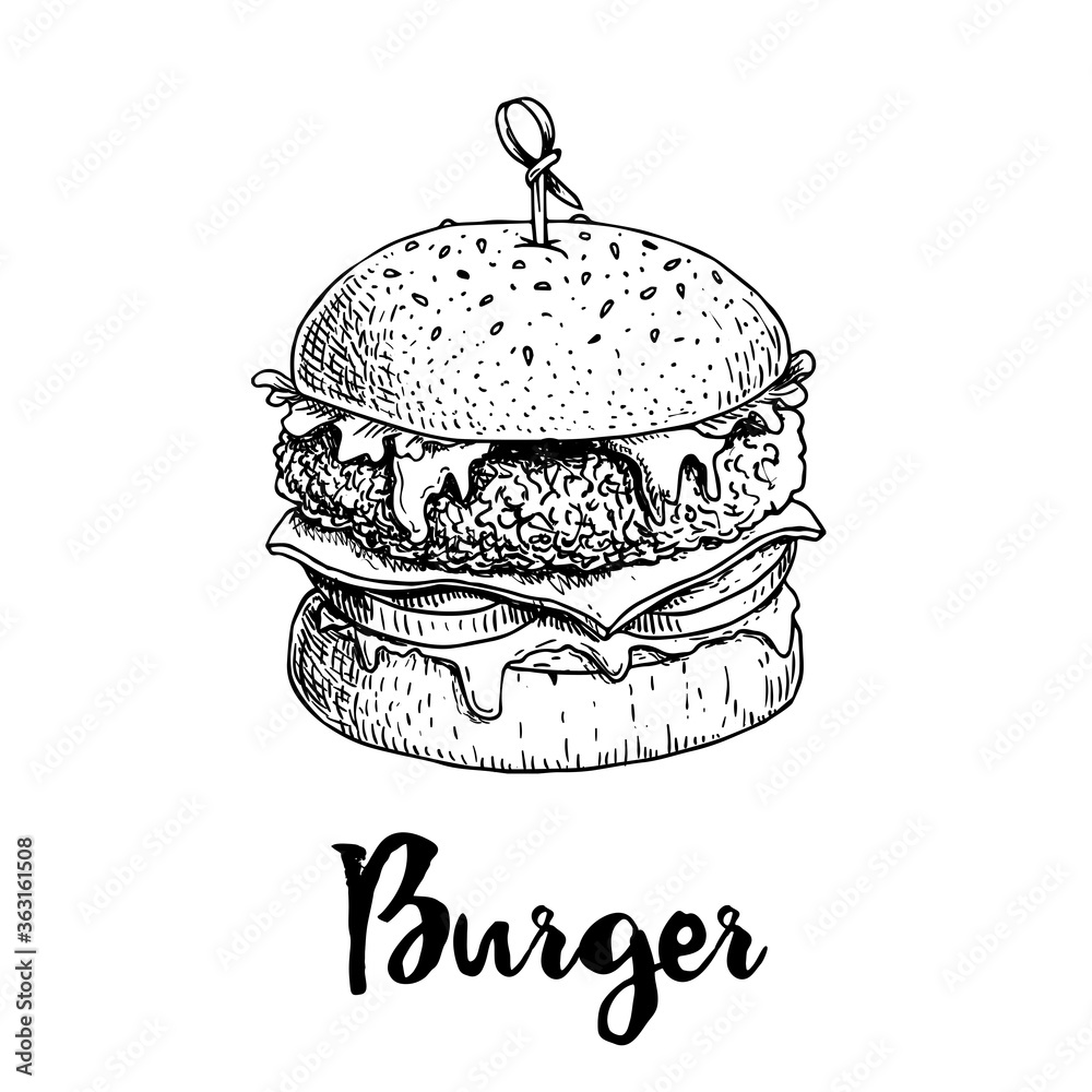 Hand drawn sketch style burger with wooden stick. Fast, street food ...