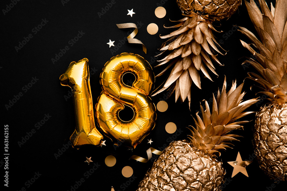 18th birthday celebration background with gold balloons and golden ...