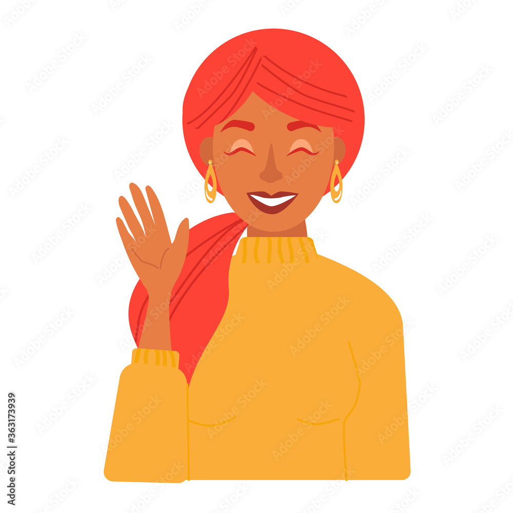 Friendly greetings gesture concept. Cheerful, smiling, cute young red ...