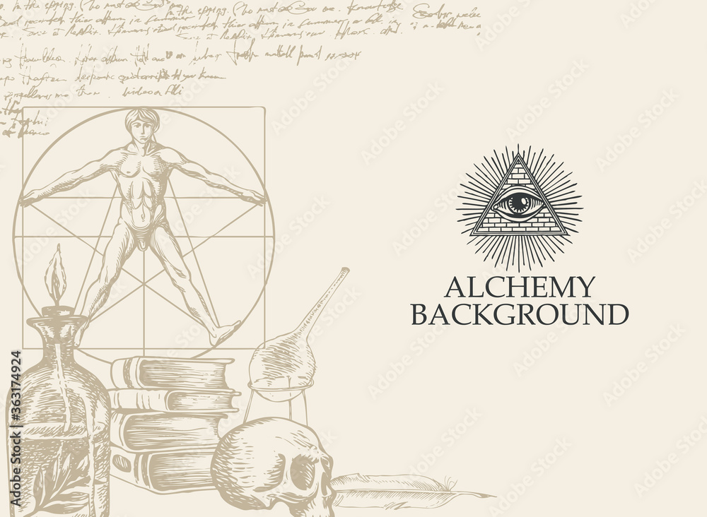 Alchemy background. Vintage artistic illustration on alchemical theme ...