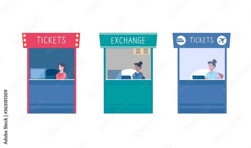 Vector set Cinema ticket office, currency exchange and air and railway ...