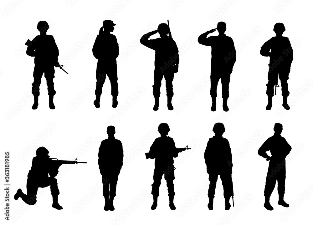 Collage with silhouettes of soldiers on white background. Military ...