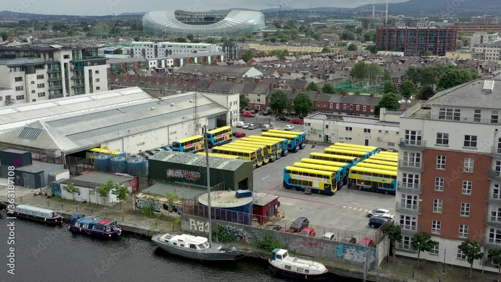 Dublin busses yellow double decker in Ireland. Aerial view of Dublin ...