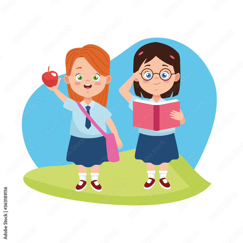 little students girls with uniforms characters Stock Vector | Adobe Stock