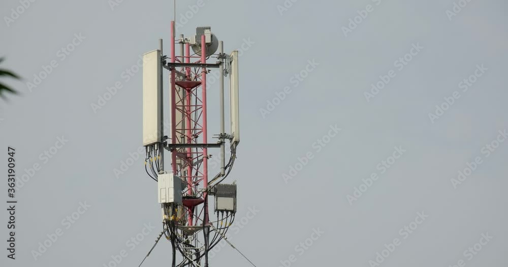 Close-up shot of Telecommunication tower. Telecom tower antennas and satellite transmits the ...