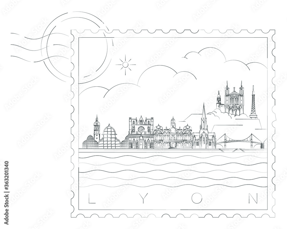 Lyon skyline stamp, vector illustration and typography design, France ...