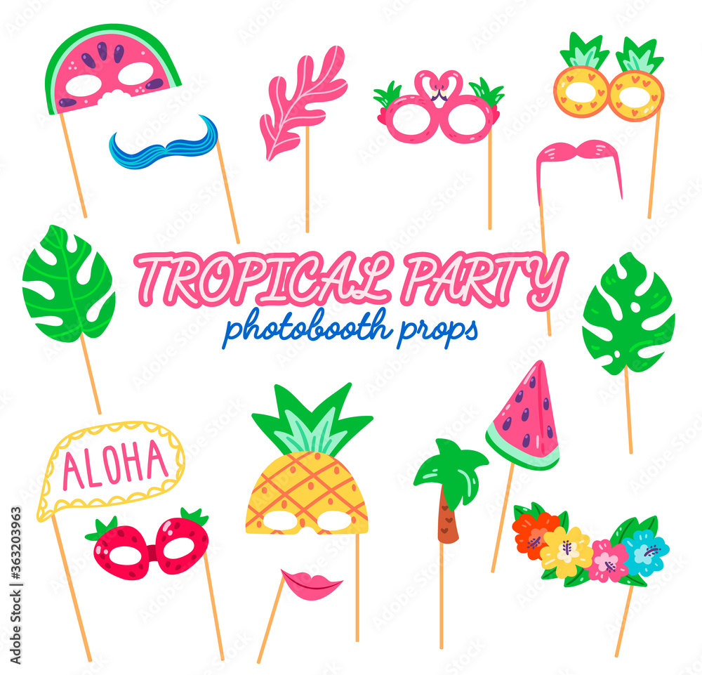 Collection of photo booth props for kids tropical party. Cute vector ...